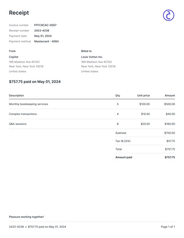 August 29: Invoice receipts